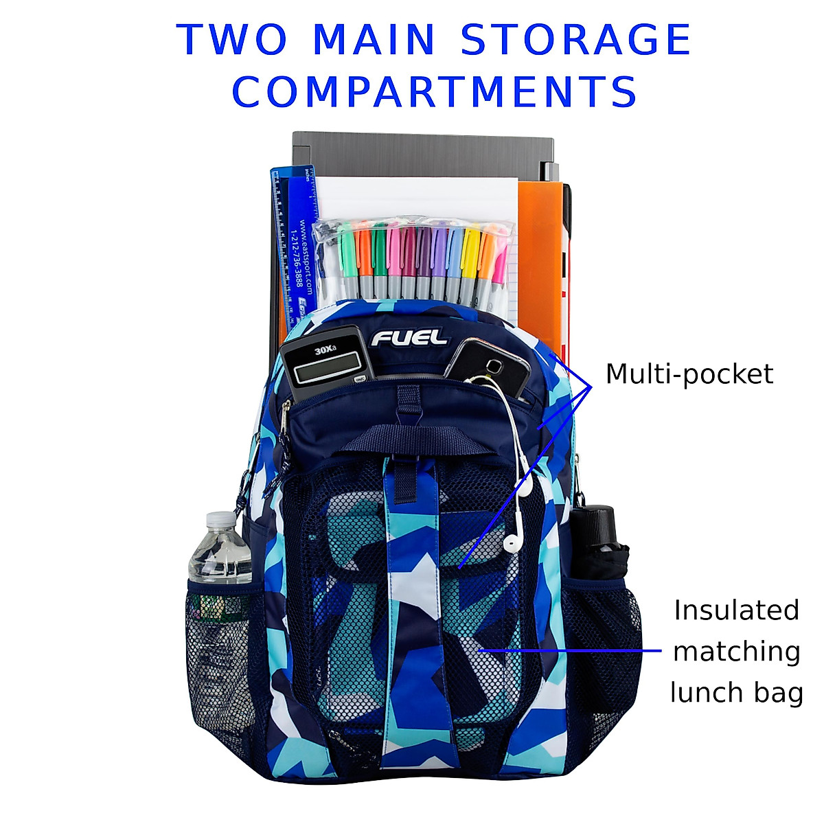FUEL Lunch Backpack Set Water Resistant Bookbag Bag Soft Reusable Insulated Cooler Lunch Box Thermal Travel Office Lunch Bag, Blue Jagged Shape