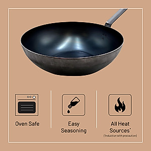 De Buyer - Blue Carbon Steel Wok Pan 2mm Thick - ACCESS - 12.5” Diameter, 9” Cooking Surface - Oven Safe - Naturally Nonstick - Made in France