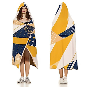 Elegant Navy Blue Mustard Yellow White Stripes Geomestry Hooded Blanket Spring Summer Flower Elegant Line Plush Warm Fluffy Blanket for Adult And Kids Comfortable Throw Blankets for Couch Bed 60"x80"