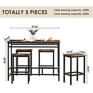 AOOU Dining Table Set for 4, 5 Piece Space Saving Dinette Table, Kitchen Counter with 4 Bar Stools, Sturdy Wood Table Top with Metal Legs for Kitchen, Dining Room, Restaurant, Pub