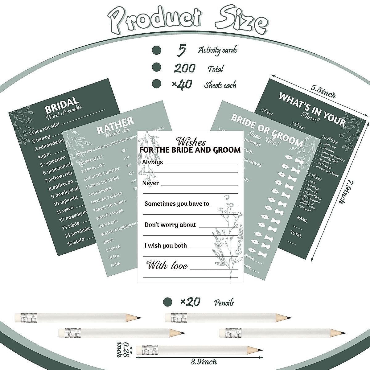 Ctosree 220 Pieces Bridal Shower Game Set 200 Wedding Game Cards and 20 Pencils 5 Styles Funny Wedding Cards Wedding Pencils Bridal Shower Decorations for Bride and Groom Bachelor Party (Green)