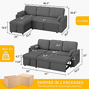YITAHOME 86" Sleeper Sofa, 2 in 1 Convetible Sofa Bed with Pull Out Couch Bed and Storage Chaise,L-Shape Sectional Sofa for Living Room, Teddy Fleece, Grey