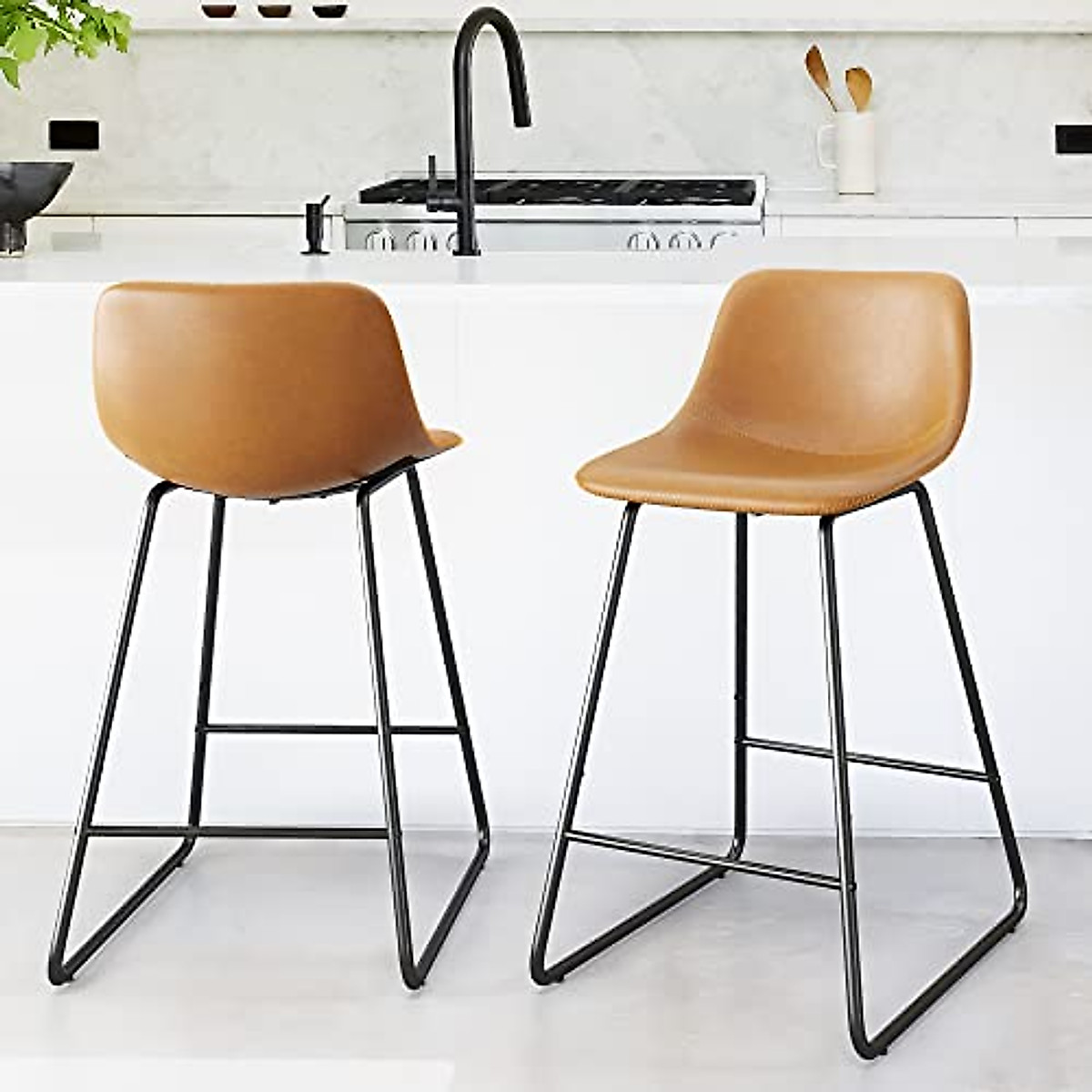 Alexander Indoor/Outdoor Industrial Faux Leather Bar Stools Set of 4,Urban Armless Dining Chairs With Metal Legs, Modern Counter Height Barstools For High Table Home office Kitchen Island Chair 24"