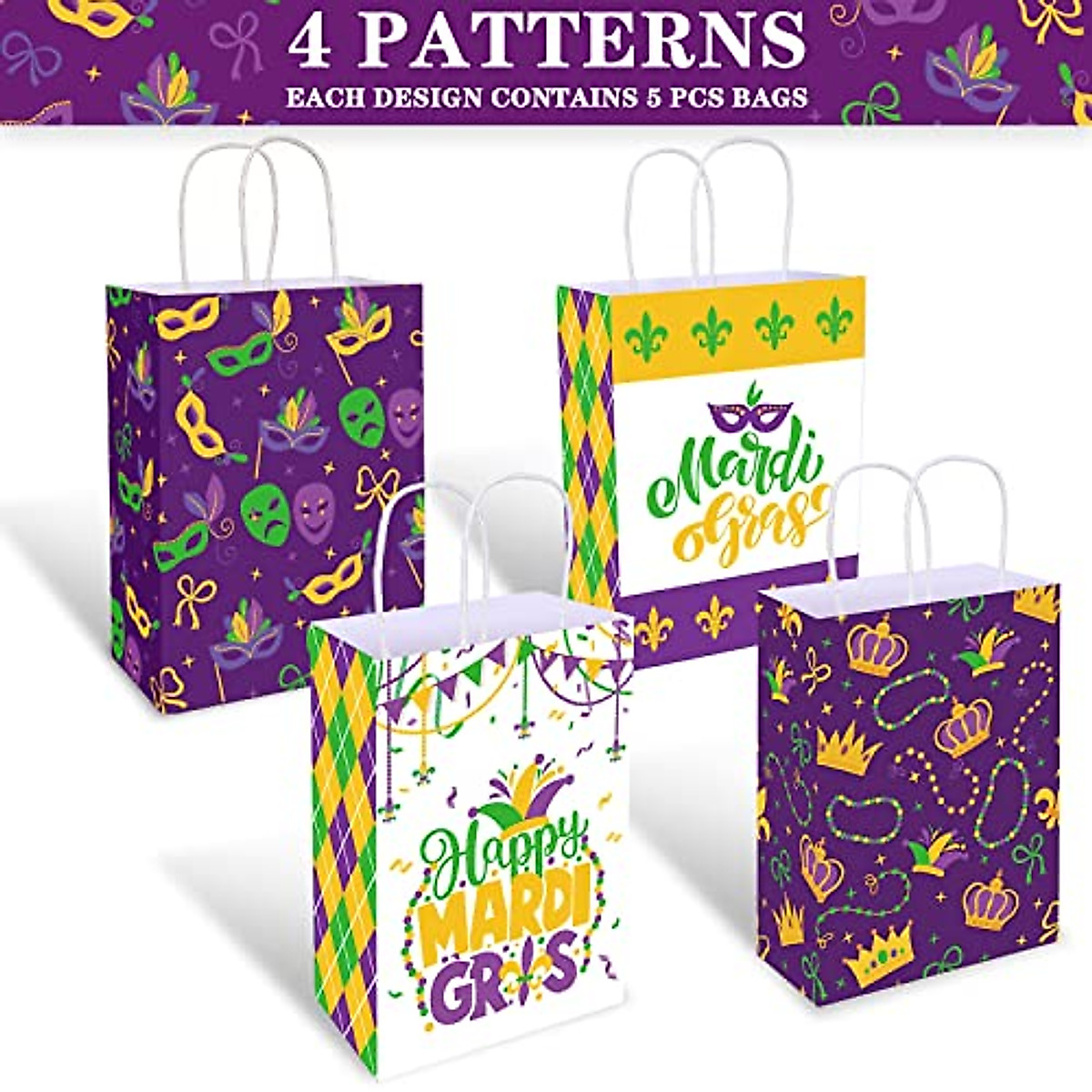 Whaline 20 Pack Mardi Gras Paper Gift Bags with Handle Crown Masquerade Mask Pattern Gold Coins Bags Carnival Party Favor Treat Bags for Gift Wrapping Mardi Gras Birthday Party Supplies, 4 Designs
