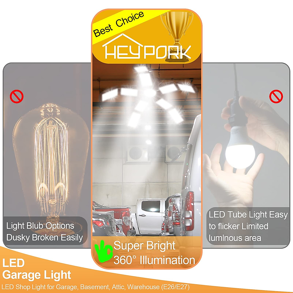 HEYPORK E26/E27 Socket Garage Light 180W 18,000LM 363Pcs LED Shop Light 6,500K Extra Bright LED Indoor Lights Foldable Garage Lighting Adjustable Garage Light Bulbs with Multiple LED Lights Deformable