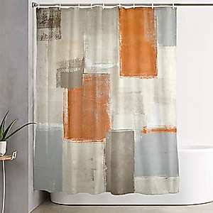 LOKMU 4 Pcs Shower Curtain Sets with Non-Slip Rugs, Toilet Lid Cover and Bath Mat,Gray Beige and Orange Abstract Brown White Waterproof Shower Curtain with 12 Hooks, Bathroom Decor Sets, 72" x 72"