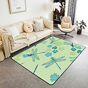 Erosebridal Dragonfly Area Rug 5x7 for Living Room Bedroom, Blue Dragonflies Non Slip Rugs, Botanical Floral Washable Carpet for Lady Girls Women, Flying Animals Wild Animals Indoor Floor Mat, Green