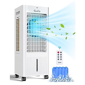 Grelife Portable Evaporative Air Cooler, 3-IN-1 Air Cooler Cooling Fan with Remote Control, 12H Timer, 4 Ice Packs, 1.58Gal Water Tank, 3 Modes, 3 Speeds, Personal Swamp Cooler for Bedroom(BLACK)