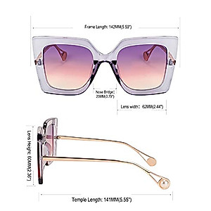 FEISEDY Sunglasses Womens Trendy, Oversized Square Shades, Pearl Inlay Cat Eye Frame UV400 Protection B2625,Clear Purple/Purple Pink
