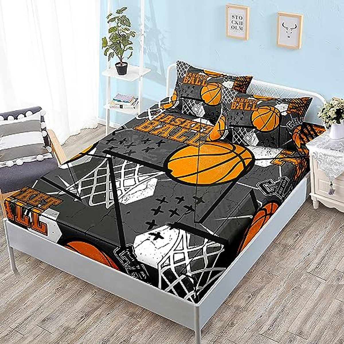 BailiPromise Basketball Sports Microfiber Flat Fitted Sheets Set for Children Graffiti Style Soft Bed Sheets Basketball Frames Kids Sheets Set Twin Size 1 Fitted Sheet, 1 Flat Sheet, 2 Pillow Cases