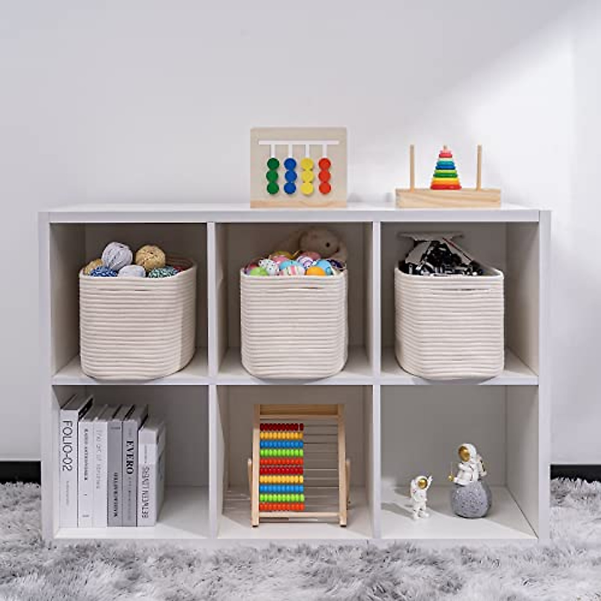 Kriitools Off White Storage Cubes Baskets Bins for Shelves Set of 3, Rectangular Closet Storage Cube Baskets, Skin-friendly Woven Rope Baskets for Organizing, Woven Cube Storage Bins for Baby Nursery