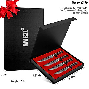AMSZL Steak Knives - Set of 4 - Damascus - 5.5" - Japanese VG10 Core Steel Forged Straight Edge - Pakka Handle - Gift Box