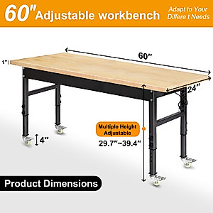 60" Adjustable Work Bench, Rubber Wood Top Workbench Heavy-Duty Work Table with Power Outlet with Wheels, 2000 LBS Load Capacity Hardwood Work Benches for Garage, Workshop, Home, Office, Easy Assembly