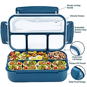 Bento Box Adult Lunch Box, Lunch Containers for Kids Girls Boys with 4 Compartments, Lunchable Food Container with Utensils, Sauce Jar, Muffin Liners, 40 Oz/5 Cup, Microwave & Dishwasher Safe, Blue