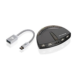 IOGEAR 4 Port USB 2.0 Switch - Auto Printer Switch - USB-A to USB-C Adapter Kit - Manually or Auto Control - LEDs Indicate - Plug N Play - GUB431CA1KIT