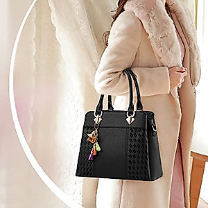 SMALLBLUER Top-Handle Handbags Purse Tote for Women Soft PU Leather Crossbody Shoulder Bag with Tassel Pendant-Black