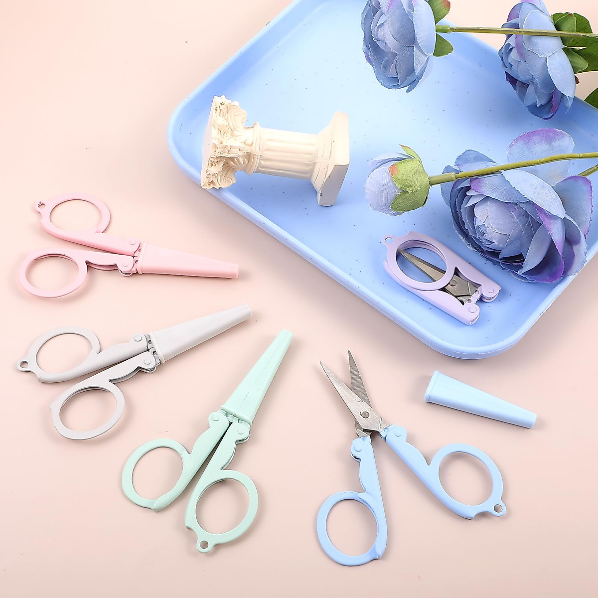 Folding Scissors Small Scissors Travel Scissors Safety Scissors Stainless steel Mini Scissors with Safety Cap Cute Scissors for Scrapbook Cutting Sewing DIY Handmade Daily and Travel Use (5 Pack)