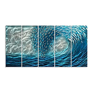 Yihui Arts Hand Crafted Blue Sea Wave 3D Metal Wall Art - Coastal 5 Panel Aluminum Sculpture for Big Abstract Office, Hallway, Fireplace, and Home Decor