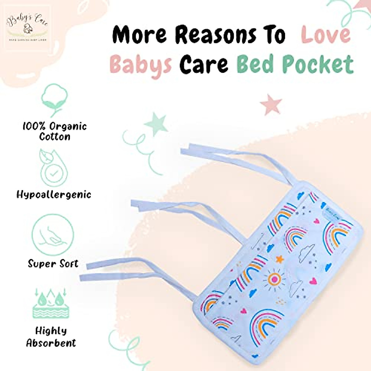 BABYS CARE Crib Nursery Organizer, 100% Organic Cotton 2 Pockets Organizer for Baby Essentials, Baby Cribs and Toys, Hanging Nursery Decor Baby Gifts (Rainbow, 12.5"x6.5", 0-6 Years)
