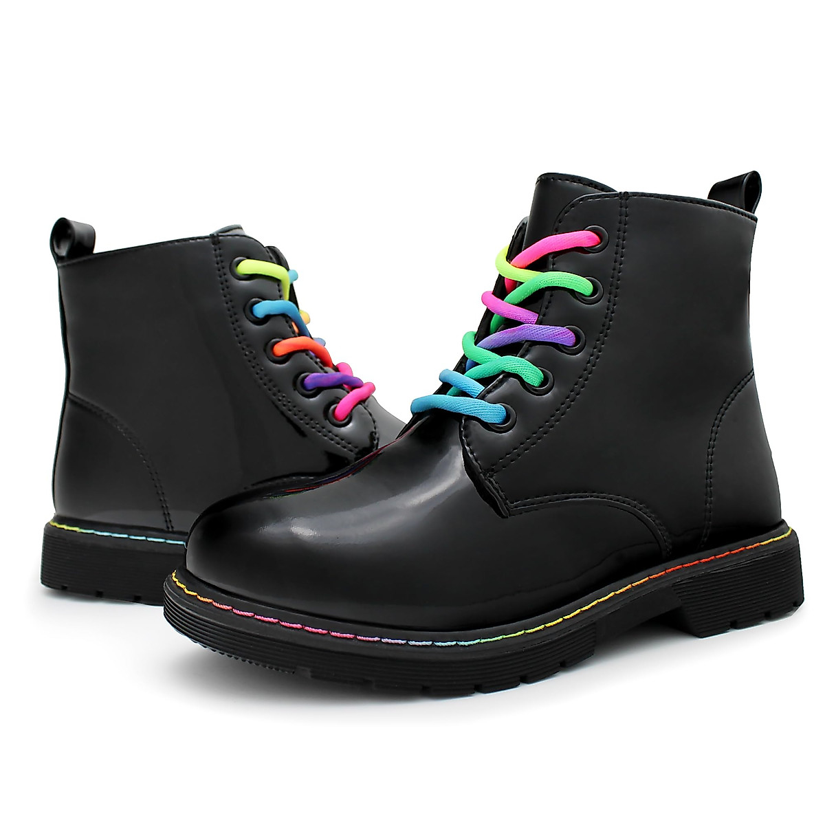 Hawkwell Girls Boys Combat Work Boots Side Zipper Ankle Boots with Rainbow Lace Up,Black Patent PU,13 M US Little Kid