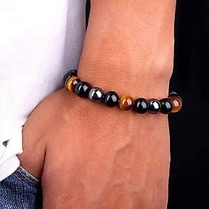 COLORFUL BLING 2/4 Pcs Triple Protection Bracelet Natural Bring Luck and Prosperity Obsidian Bracelet Black Obsidian - Hematite - Tiger Eye - Stone Bracelets - 4 Pcs