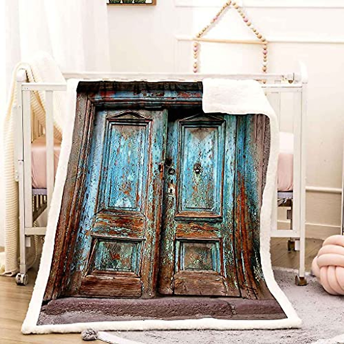 NARBOR Soft Fleece Throw Blanket - Fluffy Microfiber Solid Blankets for Bed and Couch Double/Single Size - 59X79Inch Blue, Wooden Door Printed Flannel Blanket for Bed, Couch and Sofa