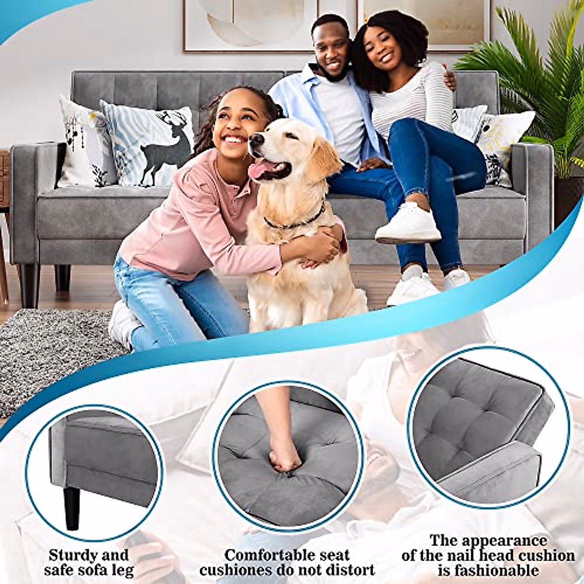 JAMFLY Velvet Futon Sofa Bed, Modern Loveseat Couch, Upholstered Sleeper Sofa, Convertible Couch for Living Room, Bedroom, Small Space(Dark Gray)