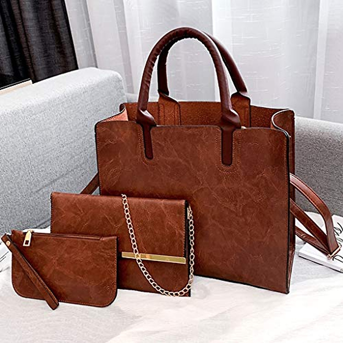3pcs Set Chic Handbags PU Leather Satchel Bags Chain Shoulder Messenger Bag Purses Wallet Top Handle Work Bags (Brown)