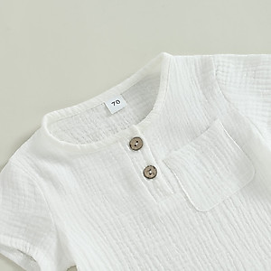 fhutpw Baby Boys 2Pcs Summer Outfits Short Sleeve T-Shirt Tops Elastic Waistband Shorts Set Toddler Clothes (Linen White + Light Khaki, 2-3 Years)