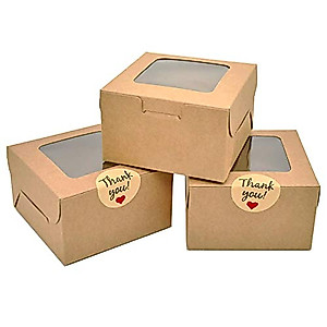 50 Pack Brown Bakery Boxes, 4x4x2.5 Inches Small Pastry Treat Boxes with Window Gift Packaging Boxes for Cookies, Pastries, Mini Cakes, Donut, Pie Slice, Stickers Included