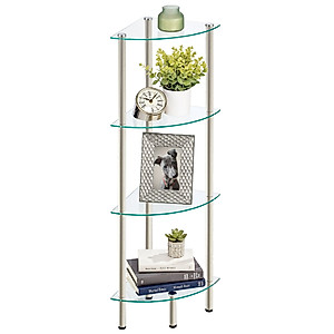 mDesign Modern Glass Corner 4-Tier Storage Organizer Tower Cabinet with Open Shelves - Display Furniture for Bathroom, Office, Bedroom, Living Room - Holds Books, Plants, Candles - Satin/Clear