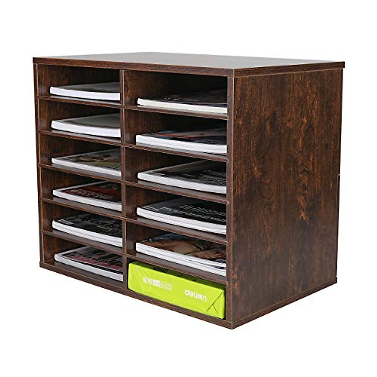 PAG Wood Desktop Literature Organizer Adjustable File Sorter Mail Center Magazine Holder Paper Storage Cabinet Classroom Keepers Mailbox for Office Home School, 12 Compartments, Brown