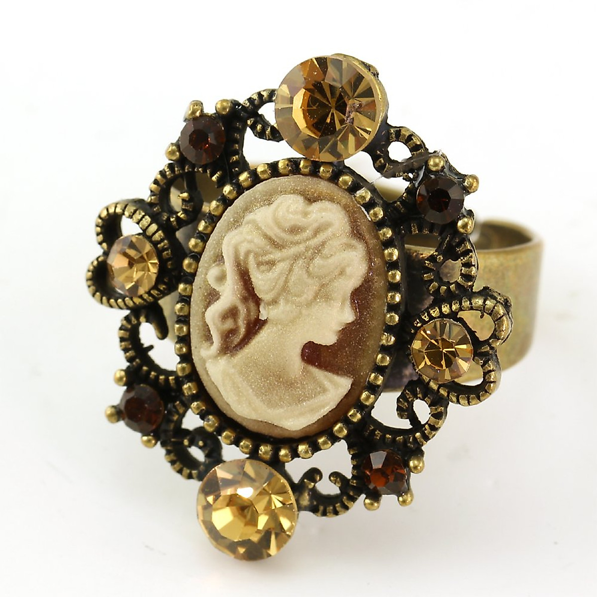 Soulbreezecollection Heart Shape Brown Cameo Ring Adjustable Band Women Fashion Jewelry