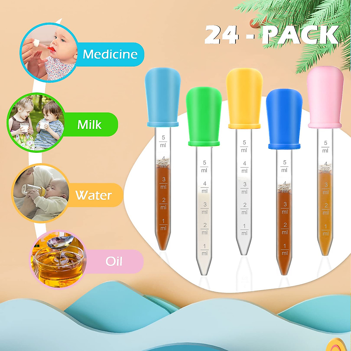 Basic Model 24 Pack Liquid Droppers for Kids Crafts, 5ml Clear Medicine Eye Dropper, Silicone and Plastic Pipettes with Bulb Tip for Candy Mold, 8 Colors
