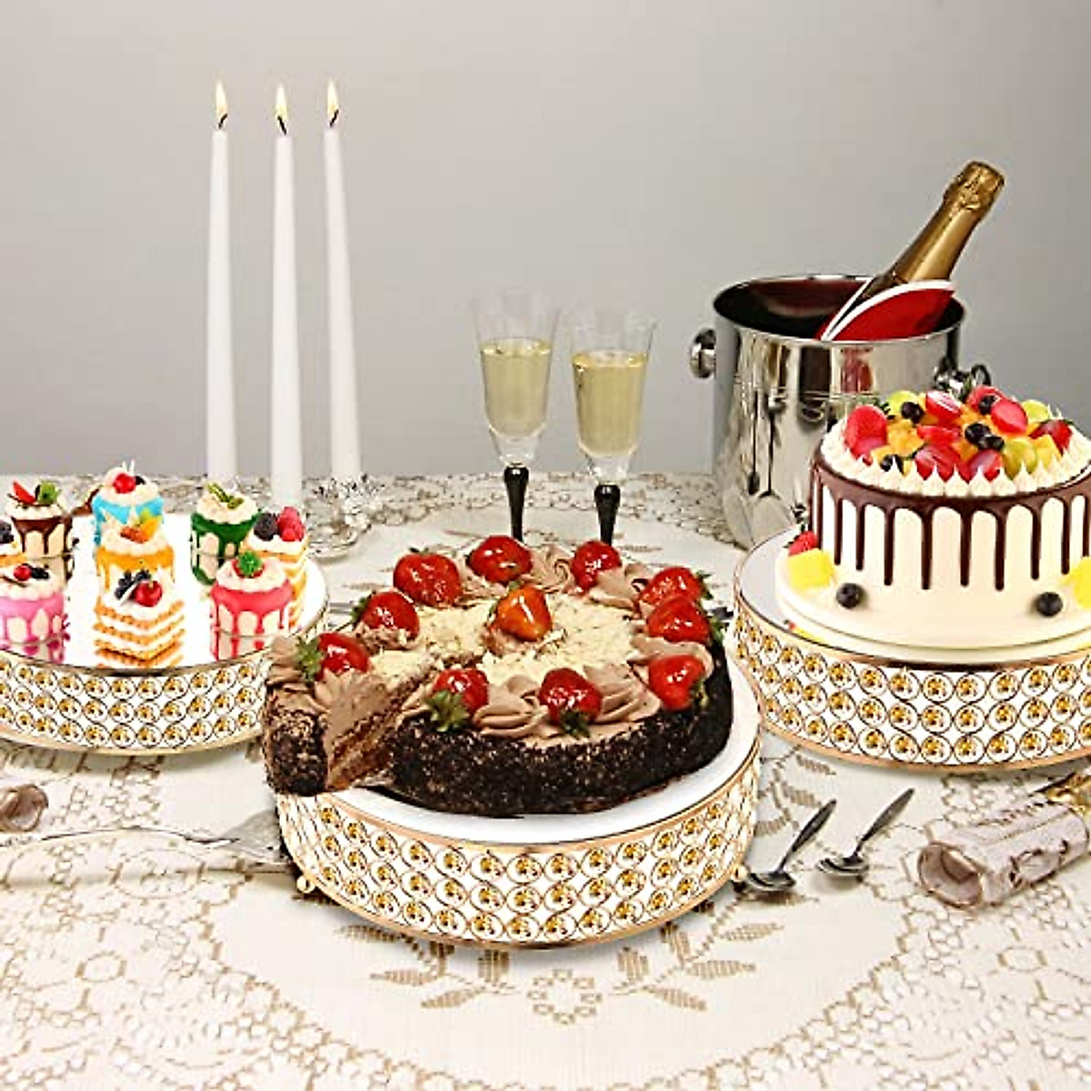 3 Pieces Crystal Beads Cake Stand Set Round Gold Plated Cupcake Stand Holder with Mirror Crystal Dessert Display Stand Cookies Fruit Serving Tray for Wedding Birthday Party Supplies, 10/ 12/ 14 Inches