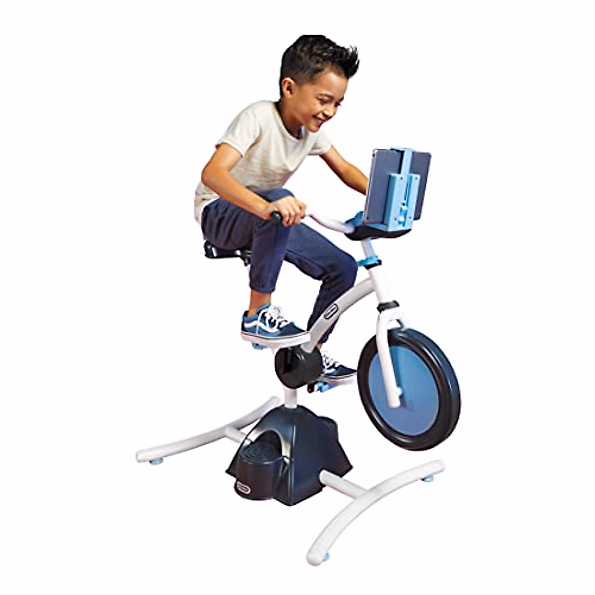 Little Tikes Pelican Explore & Fit Cycle Adjustable Play Fitness Exercise Equipment Stationary Bike with Videos and Built-in Bluetooth Speaker, For Kids Ages 3-7 Years, WHITE, BLUE