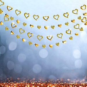 Cheerland 56.4 Ft Glitter Gold Heart Garland Shiny Valentines Day Decoration Mothers Day Banner Backdrop Hanging Decor Engagement Bachelorette Wedding Bridal Shower Streamer Anniversary Party Supplies