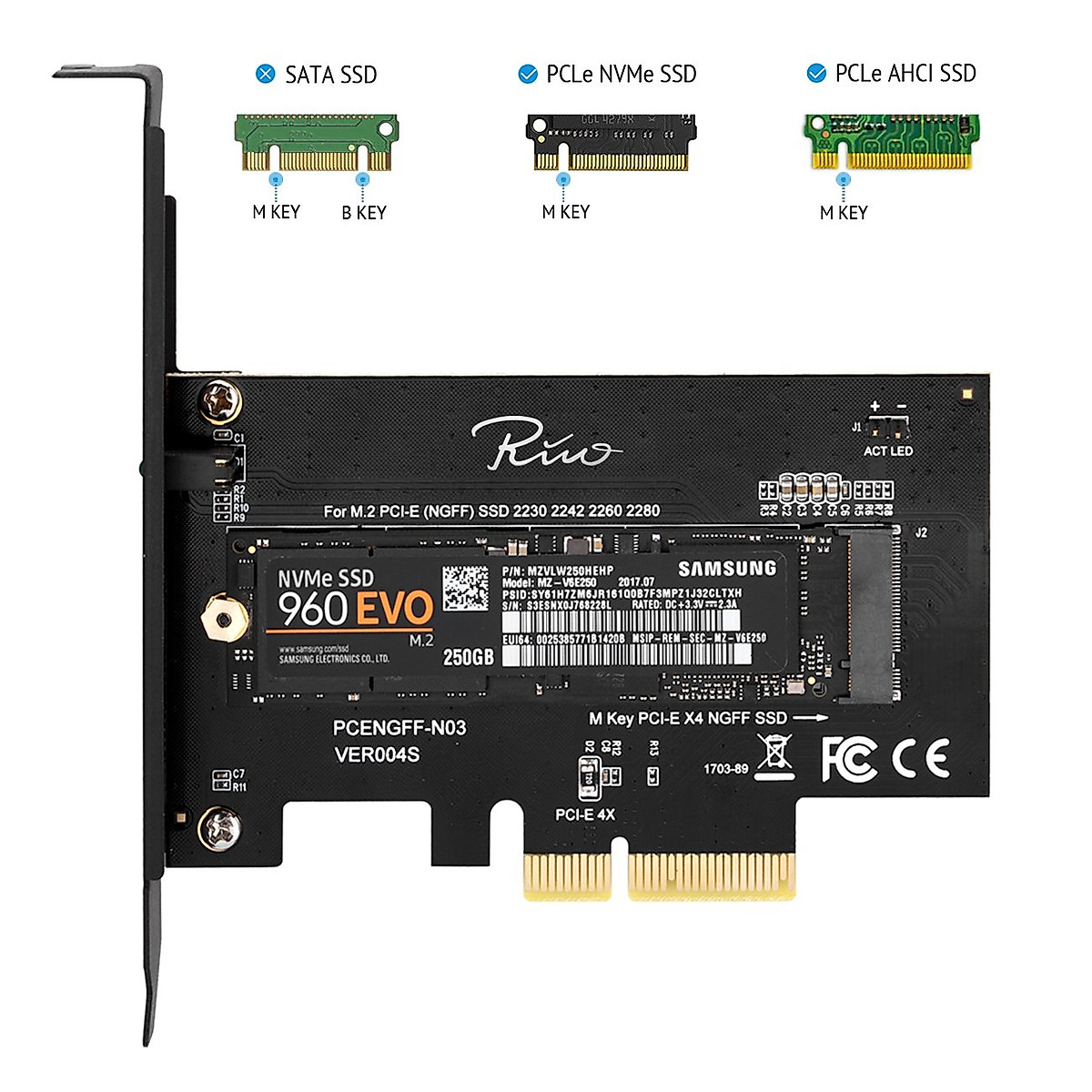 Rivo PCI-E Riser PCIe M.2 PCIe SSD to PCIe Express 3.0 x4 Adapter Card - Supports M2 NGFF PCI-e 3.0, 2.0 or 1.0, NVMe or AHCI, M-Key, 2280, 2260, 2242, 2230 Solid State Drives