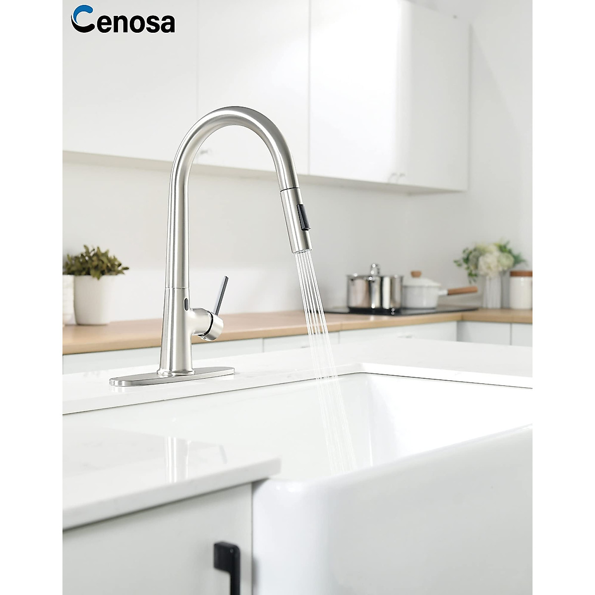 Touchless Kitchen Faucet with AC Adapter, Smart Motion Sensor Hands Free Single Handle Kitchen Sink Faucet with Pull Down Sprayer, Brushed Nickel