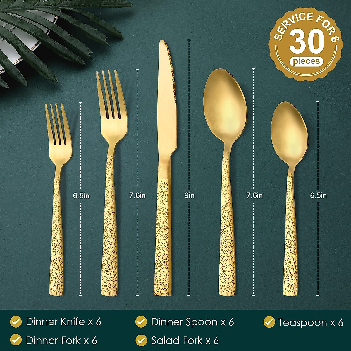 Hammered Gold Silverware Set, OGORI 30-Piece Food Grade Stainless Steel Matte Gold Flatware Set with Square Handle, Service for 6, Tableware Cutlery Set for Home and Restaurant, Dishwasher Safe