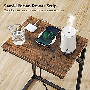 HOOBRO C-Shaped End Table with Charging Station, Narrow Sofa Side Table for Small Space, Industrial Bedside Table with Metal Frame for Study, Living Room, Bedroom, Couch, Rustic Brown BF06USF01