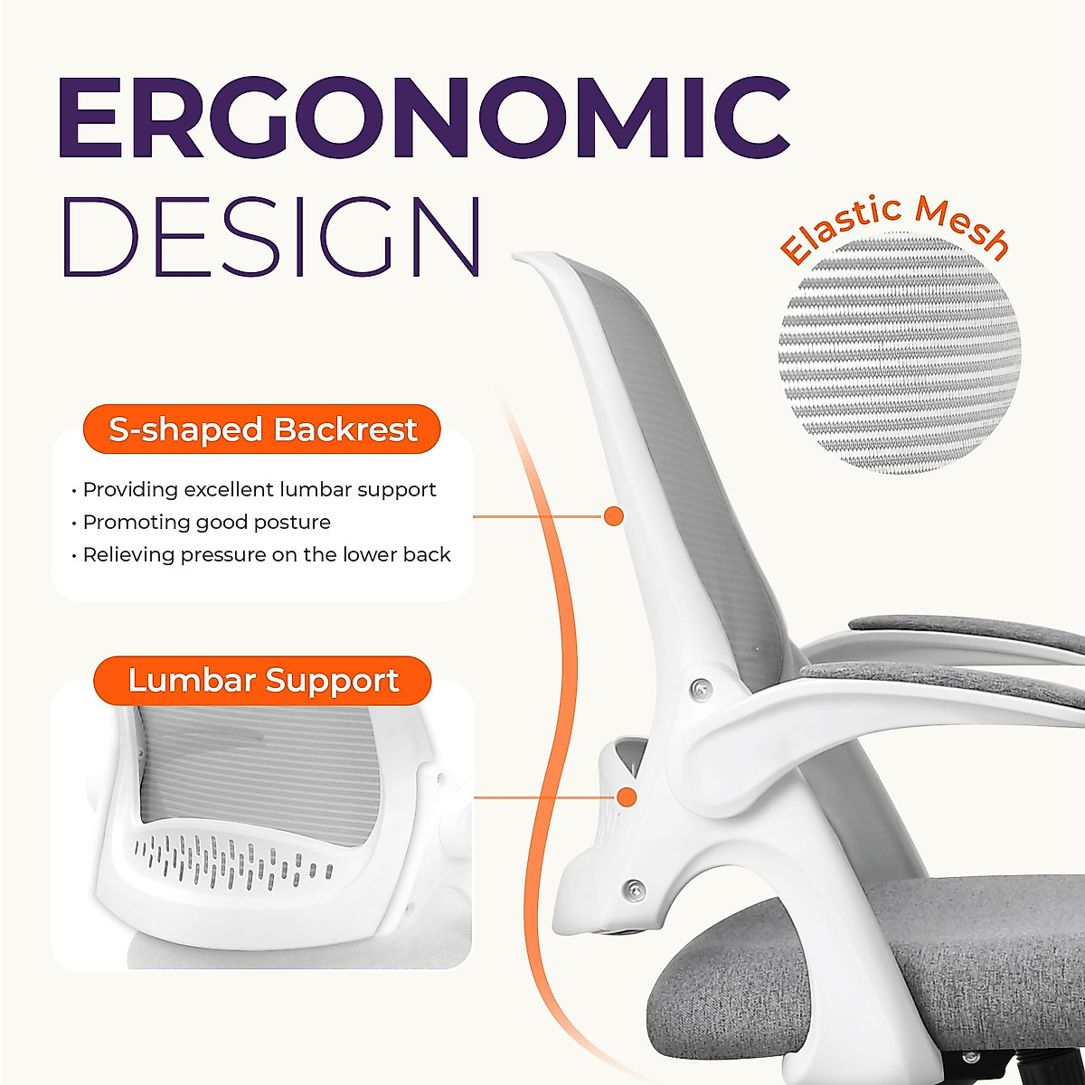 NEO CHAIR Ergonomic Office chair Gaming Desk Computer Chair with Adjustable Height Comfy Lumbar Back Support Flip-Up Padded Armrests and Wheels for Home Office Vanity (Grey)