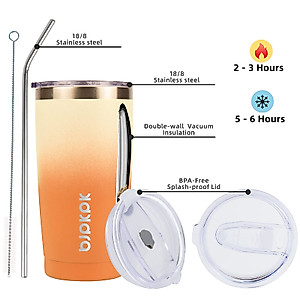 BJPKPK Tumbler with Lid and Straw, 20 oz Stainless Steel Vacuum Insulated Color Block Tumblers, Double Wall Ice Coffee Thermal Cup Travel Mug,Coral