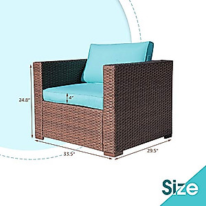 OC Orange-Casual Outdoor Patio Armchair Sofa Chair All-Weather Wicker Furniture with Turquoise Cushions, Additional Chair for Sectional Sets, Garden, Backyard, Pool