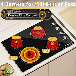 Cusinesync 30 Inch Electric Cooktop, 4 Burner Built-in Electric Stove Top with 9 Power Levels, Knob Control, Auto shutdown and Residual Heat Warning, 7200W, 220-240V for Hard Wire