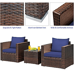 RELAX4LIFE 3-Piece Wicker Bistro Set - Outdoor Patio Rattan Sofa Set w/Washable Cushions & Tempered Glass Coffee Table, Conversation Furniture Set for Backyard, Porch, Garden & Poolside (Navy Blue)
