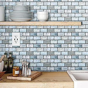 VANCORE Peel and Stick Backsplash for Kitchen: Self Adhesive Wall Tiles for Bathroom - 3D Subway Back Splash - 10 Sheets Vinyl Blue Waterproof Wallpaper with Real Marble Texture for Shower