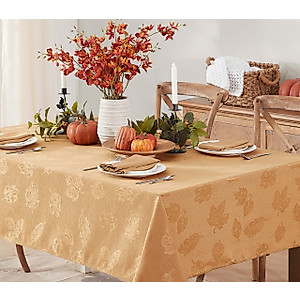 Newbridge Tremont Leaf Damask, Fabric Tablecloth, Swirling Leaves Damask, Print, Soil Resistant, Easy Care Tablecloth, 60 Inch x 144 Inch Rectangle, Gold