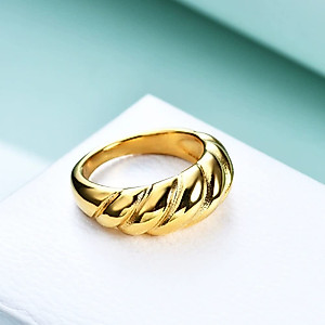 JILIYUPA 14K Gold Plated Croissant Dome Ring Twisted Braided Gold Plated Ring | Chunky Signet Ring, Signet Chunky Dome Ring Stacking Band for Women (Gold, 8)