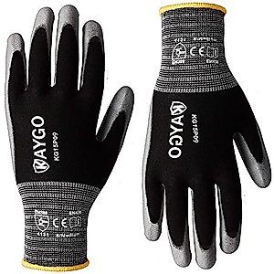 KAYGO Work Gloves PU Coated-12 Pairs, KG15P,Nylon Lite Polyurethane Safety Work Gloves, Gray Polyurethane Coated, Knit Wrist Cuff,Ideal for Light Duty Work (Large, Black)